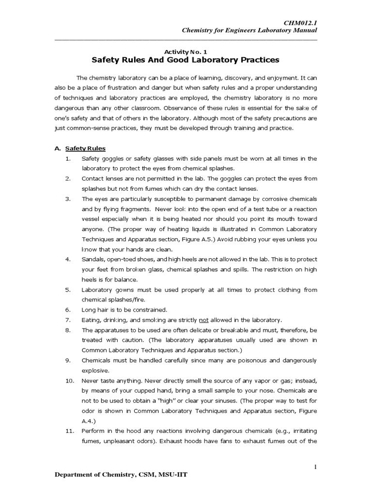 Act 1 Safety Rules and Good Laboratory Practices - Procedure With ...