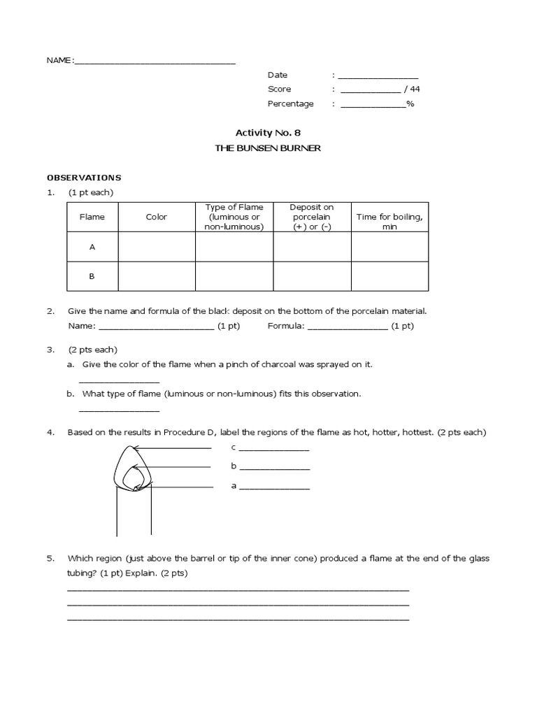 Act 8 Bunsen Burner Answer Sheet | PDF | Combustion | Materials