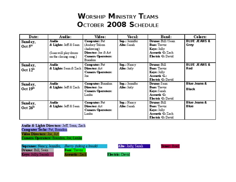 Worship Ministry Team Schedule October 2008 | PDF | Leisure ...