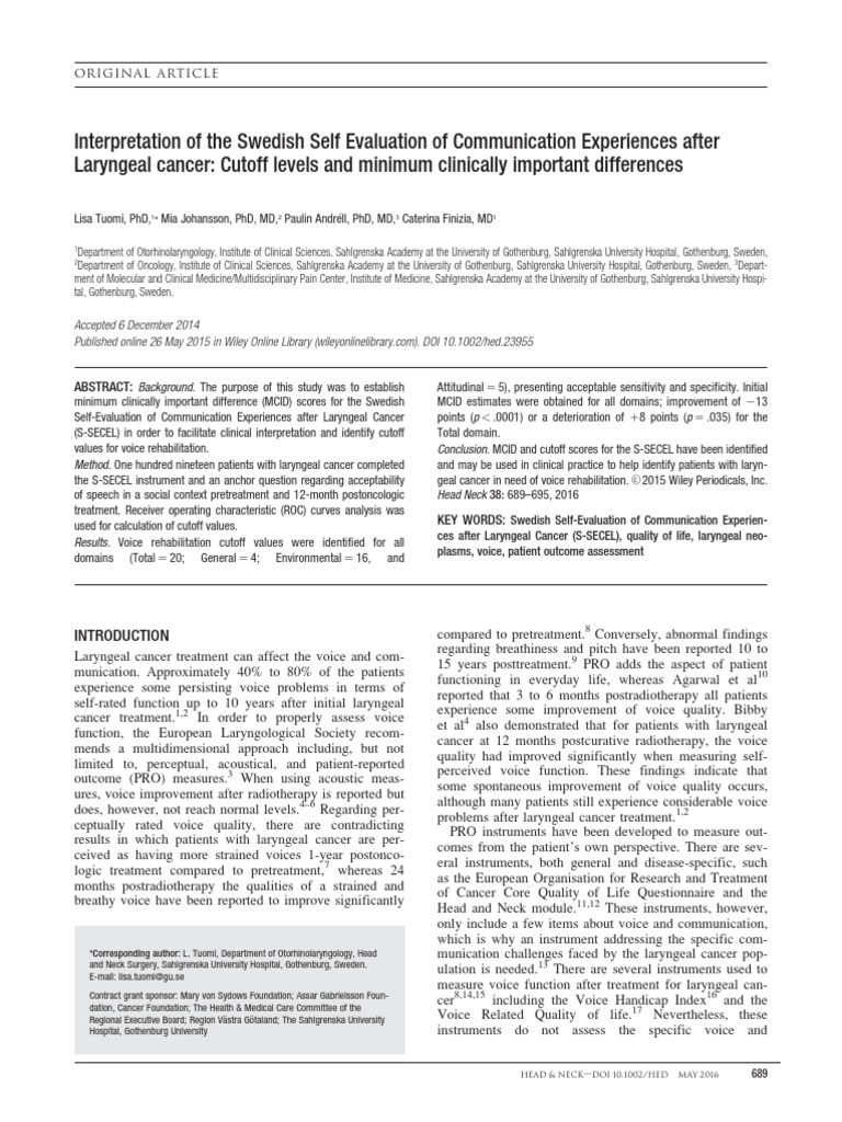Head Neck 2014 Tuomi Interpretation Of The Swedish Self Evaluation Of Communication 