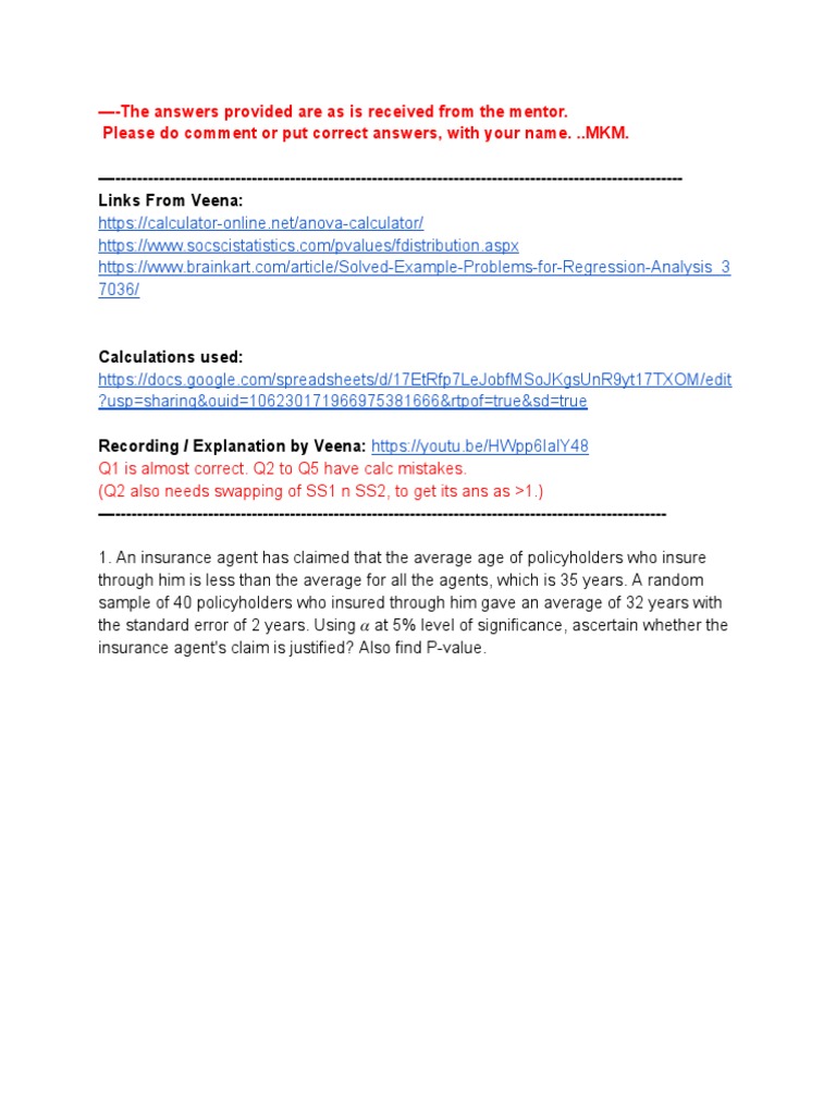 Statistical Analysis and Calculations Guide | PDF | P Value | Variance