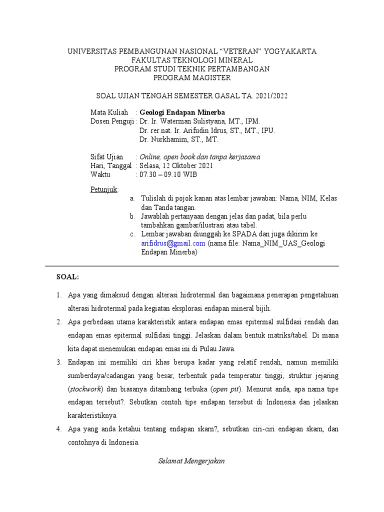 Soal UTS Geologi Endapan Minerba - MTA - Gasal 2021 - Rev | PDF Soal UTS Geologi Endapan Minerba - MTA - Gasal 2021 - Rev | PDF