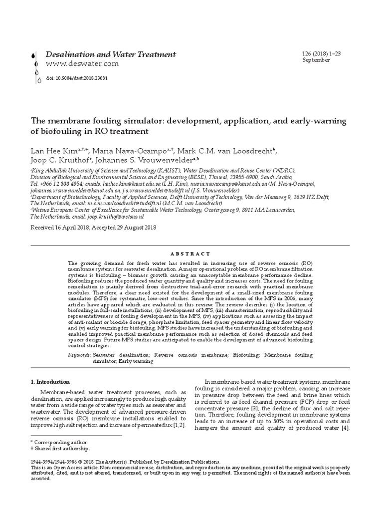 Desalination and Water Treatment - Deswater | PDF | Membrane | Biofilm