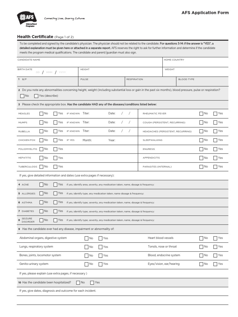 AFS Health Certificate Application Form | PDF | Physical Examination ...