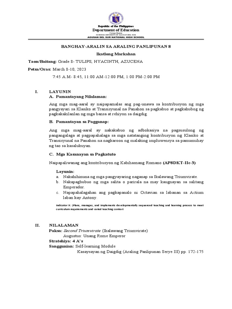 BANGHAY ARALIN - Second Triumvirate | PDF