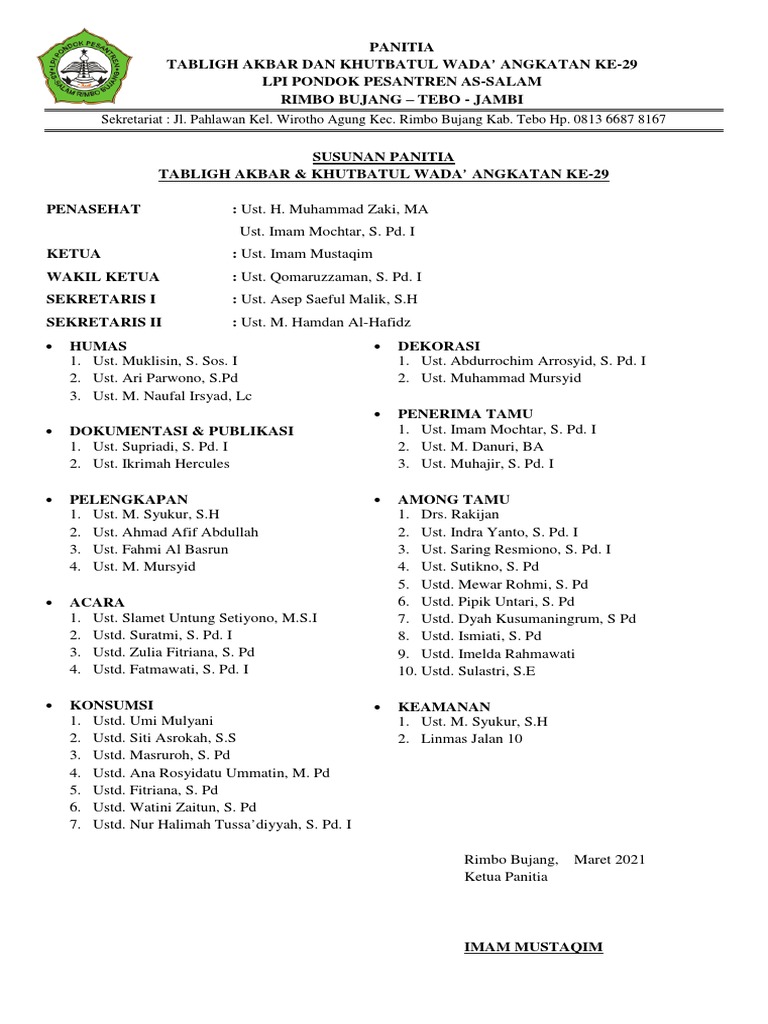 Struktur Panitia Tabligh Akbar 2021 | PDF
