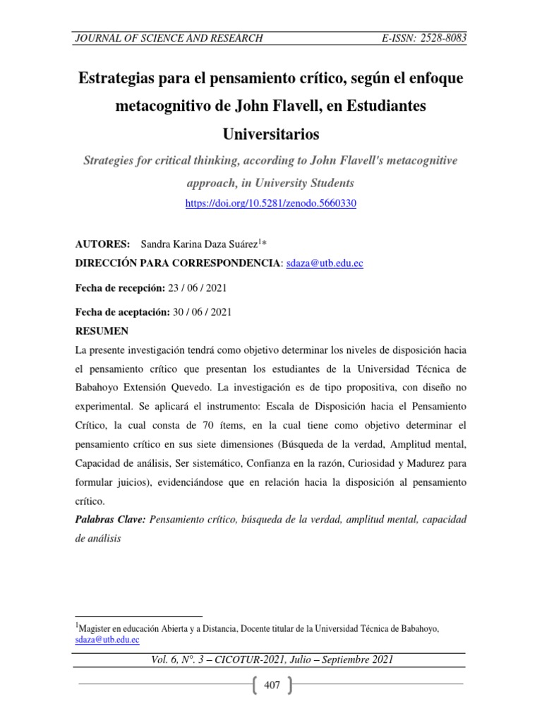 Estrategias para El Pensamiento Crítico, Según El Enfoque Metacognitivo ...