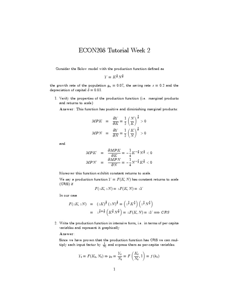 02 Econ 208 Week 2 Tutorial Solutions | PDF | Production Function ...