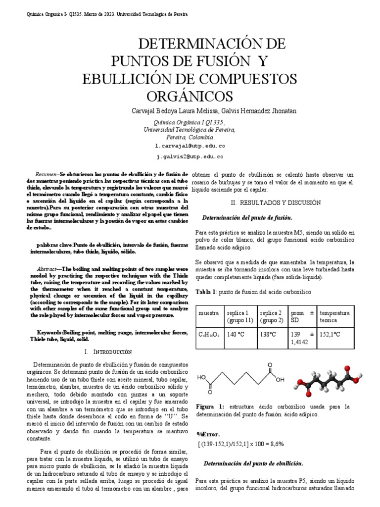 Informe 1 - Determinación de Puntos de Fusión y Ebullición de Compuestos Orgánicos. | PDF ...