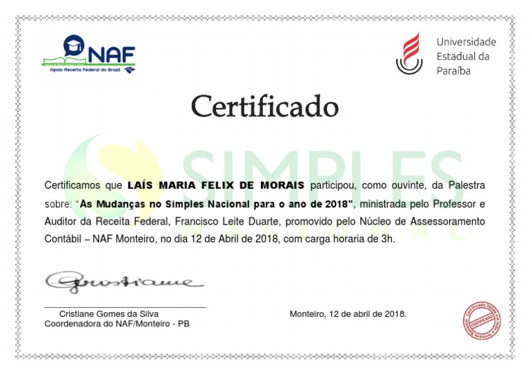 Certificado - NAF LAIS MARIA | PDF