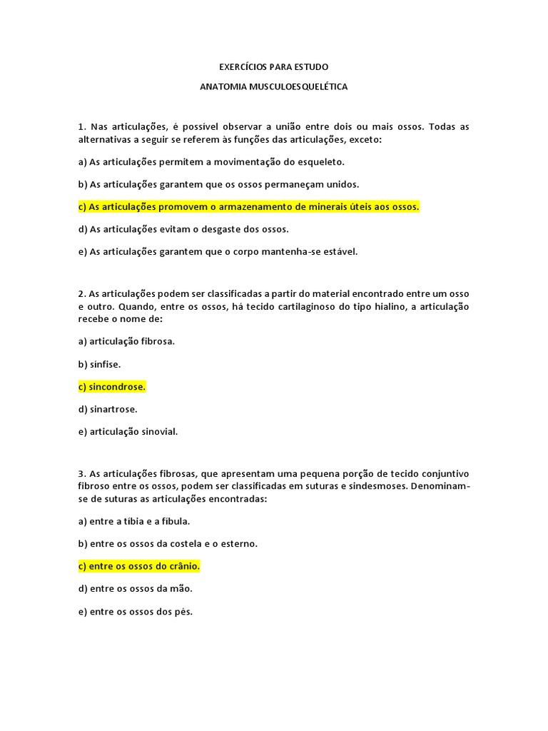 EXERCÍCIOS PARA ESTUDO ANATOMIA MOV - Gabarito | PDF | Osso | Esqueleto