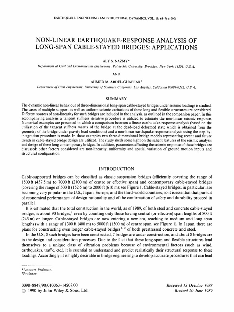 Non-Linear Earthquake-Response Analysis of Long Span Cablestayed Bridge Application | PDF ...