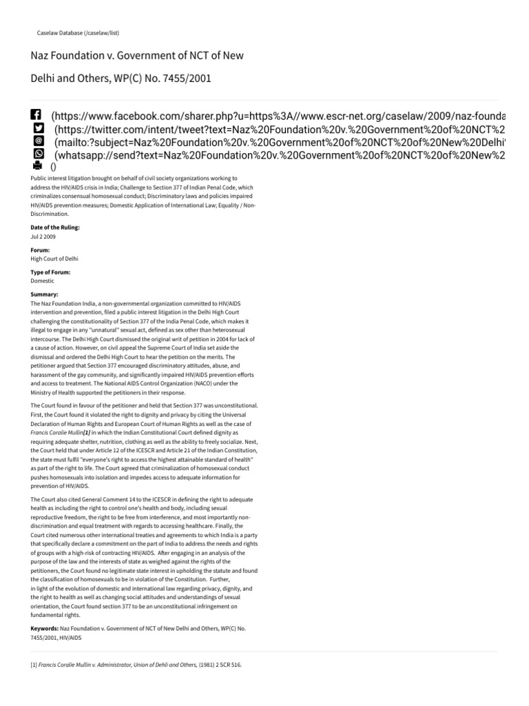 Naz Foundation v. Government of NCT of New Delhi and Others, WP (C) No ...