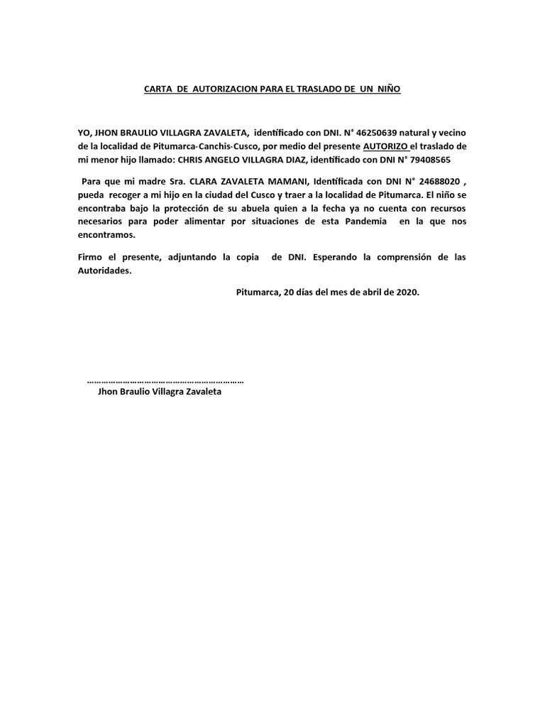 Carta de Autorizacion para El Traslado de Un Niño | PDF Carta de Autorizacion para El Traslado de Un Niño | PDF