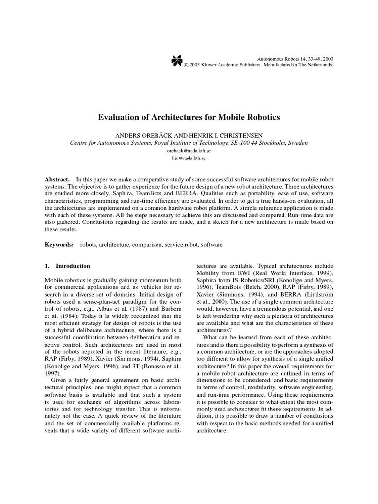 Evaluation Of Architectures For Mobile Robotics Download Free Pdf Common Object Request