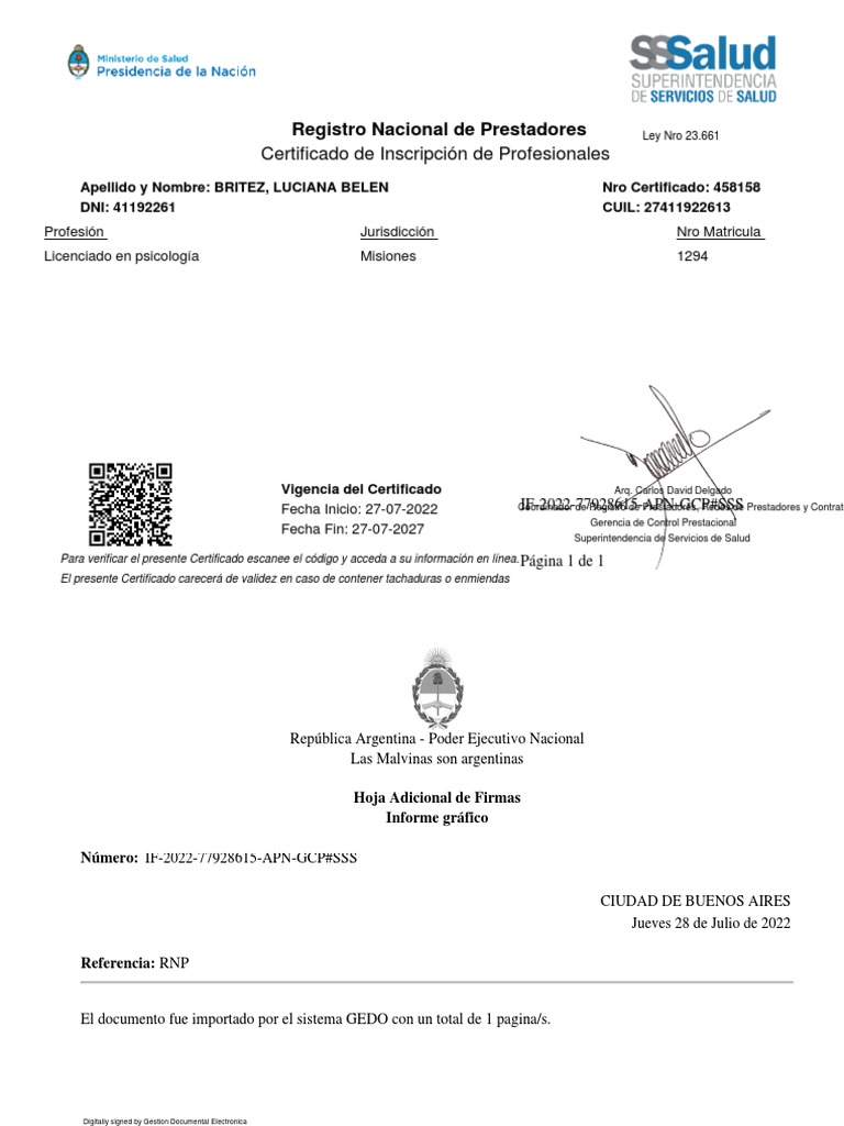 Certificado de Inscripción Psicóloga Britez | PDF