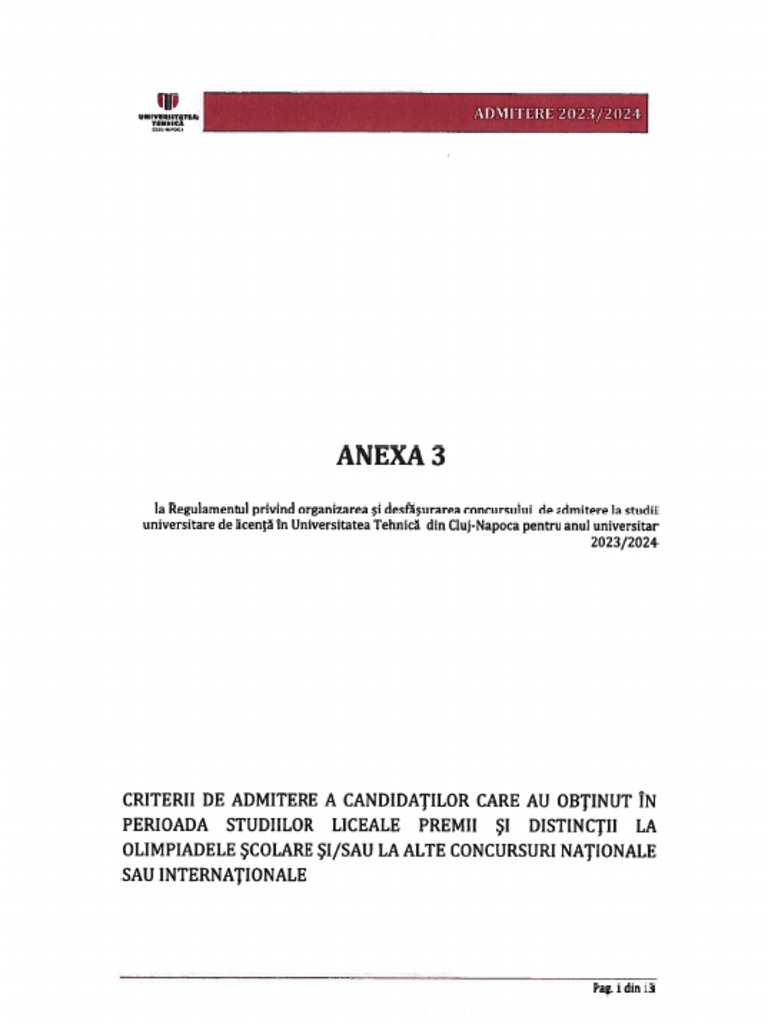 Anexa 3 Criterii de Admitere Fara Concurs 2023 | PDF