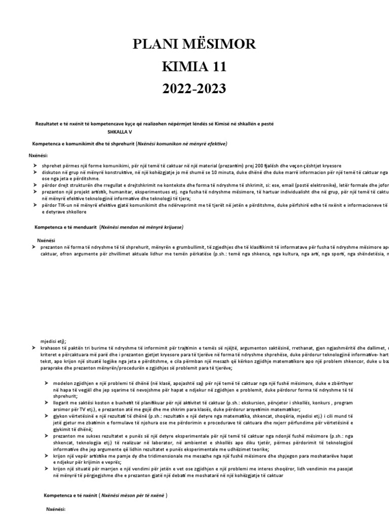 Kimia 11 - Plani mësimor 2022-2023.docx | PDF