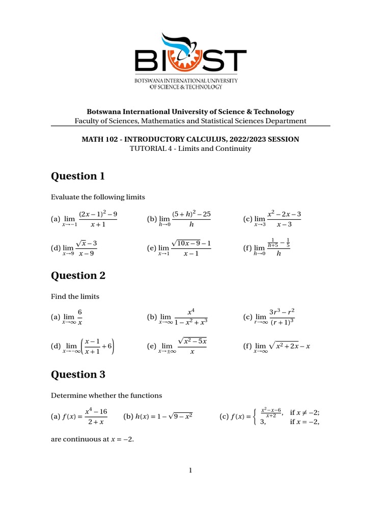 MATH 102 Tutorial 4 - Limits and Continuity | PDF | Mathematical Relations | Mathematical Concepts