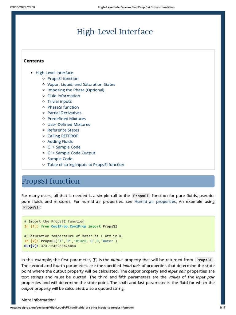 High-Level Interface - CoolProp 6.4.1 Documentation | PDF | Enthalpy ...