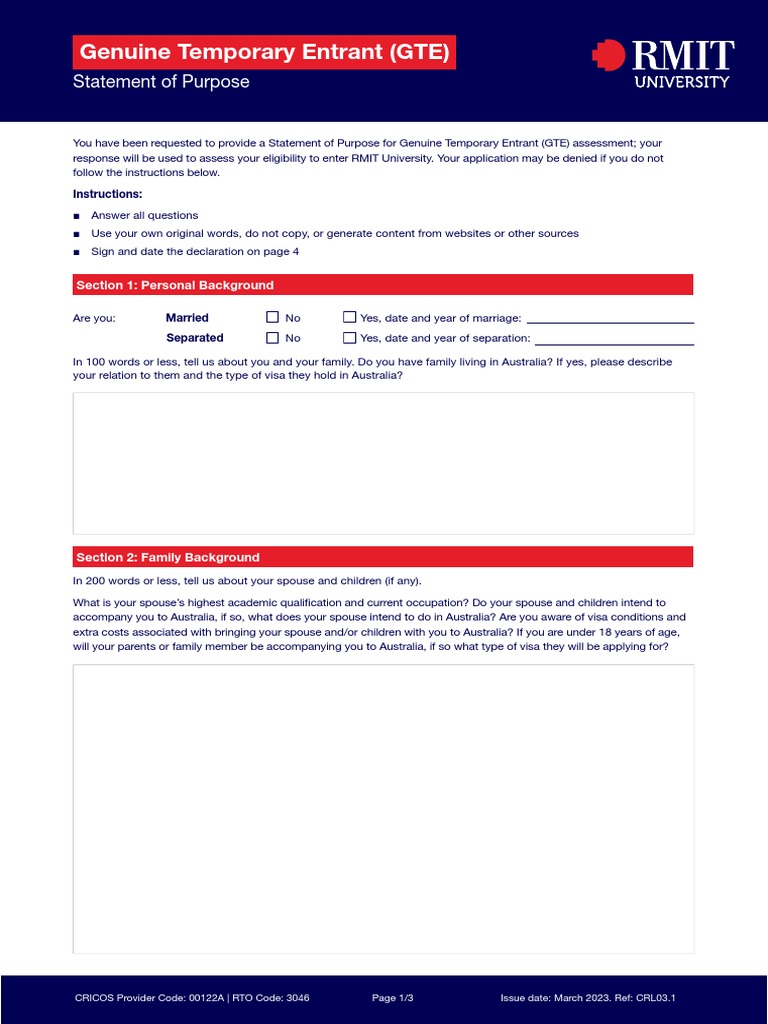 RMIT GTE Statement of Purpose | PDF
