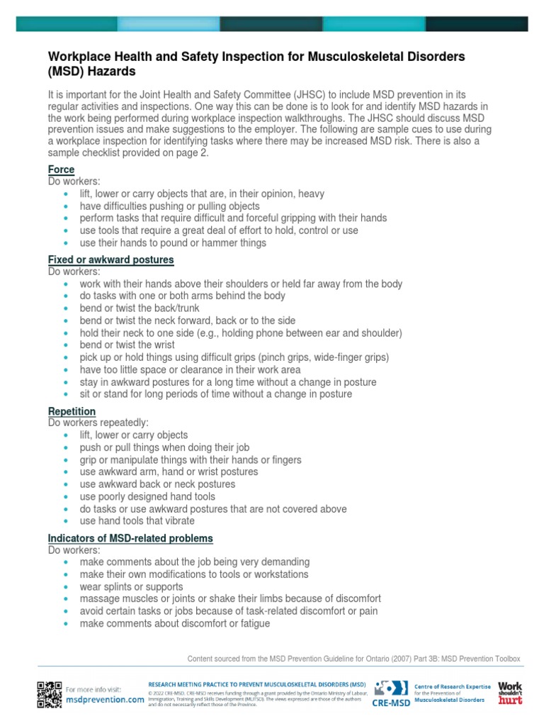 Workplace Inspection For MSD Hazards Checklist | PDF | Musculoskeletal ...