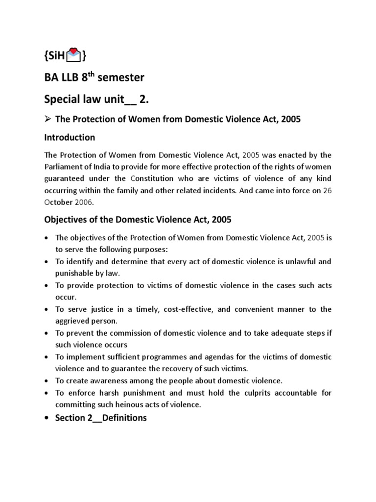 (Sih) Ballb8 Semester Special Law Unit - 2.: The Protection of Women From Domestic Violence Act ...