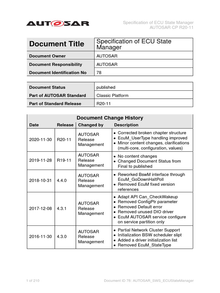AUTOSAR SWS ECUStateManager PDF | PDF | Specification (Technical Standard) | Microcontroller