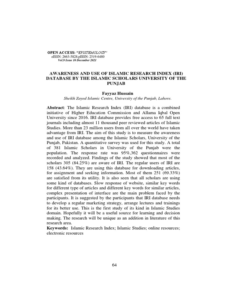 5 Awareness and Use of Islamic Research Index IRI Database by The Islamic Scholars University of ...