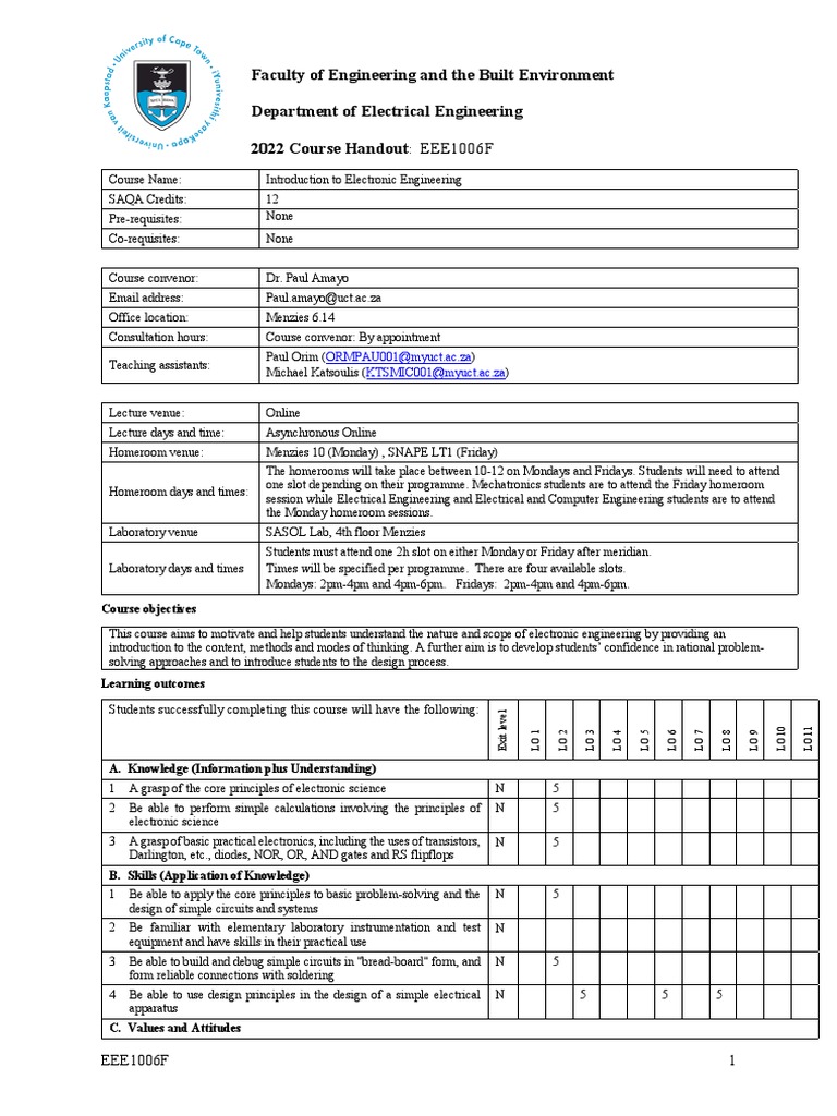 UCT EEE1006F Introduction to Electronic Engineering | PDF | Electronic ...