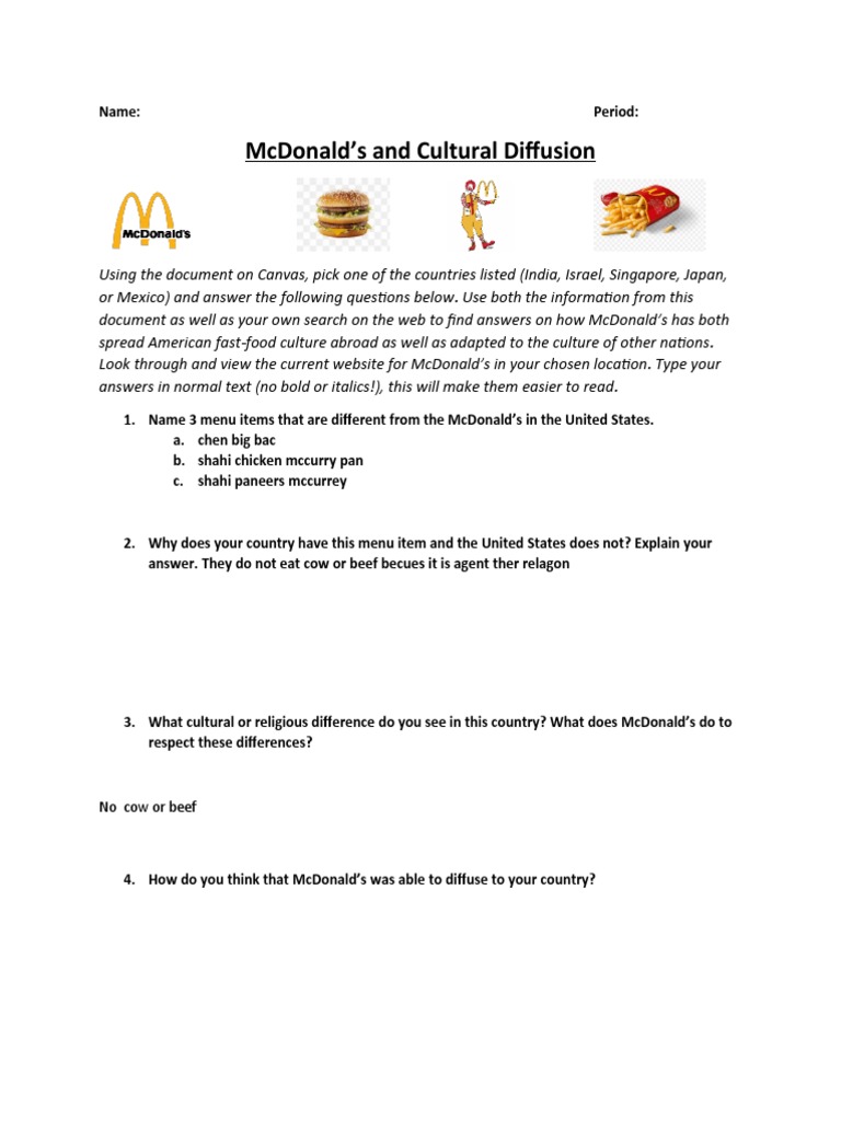 McDonald's Cultural Diffusion Worksheet | PDF