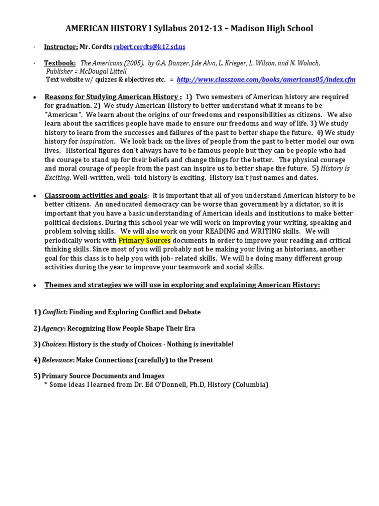 AMERICAN HISTORY I Syllabus 2012-2013 | PDF | Theodore Roosevelt | Sioux