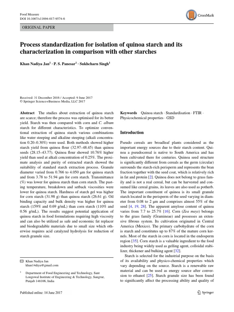 Process Standardization For Isolation of Quinoa Starch | PDF | Starch ...