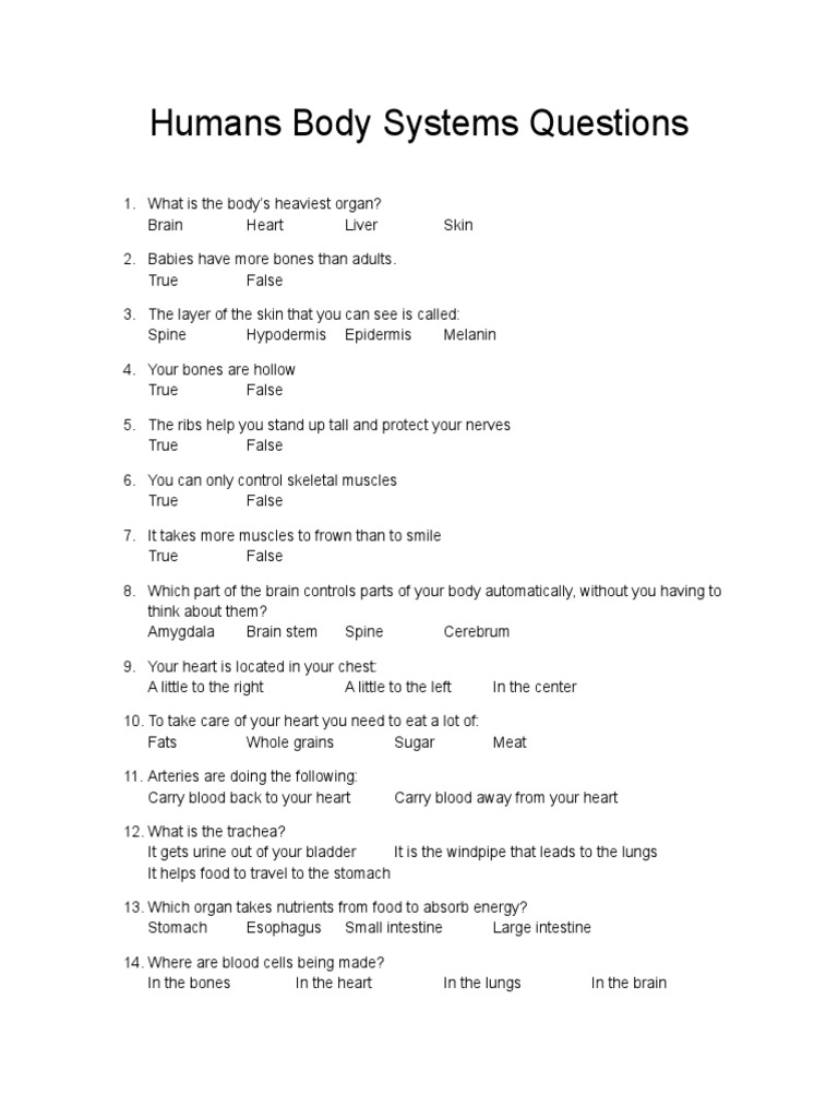 Humans Body Systems Questions | PDF | Human Body | Gastrointestinal Tract