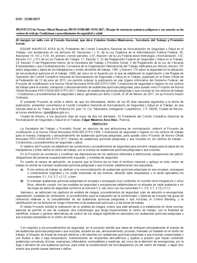 Proy Nom 005 STPS 2017 PDF | PDF | Riesgo | Primeros auxilios