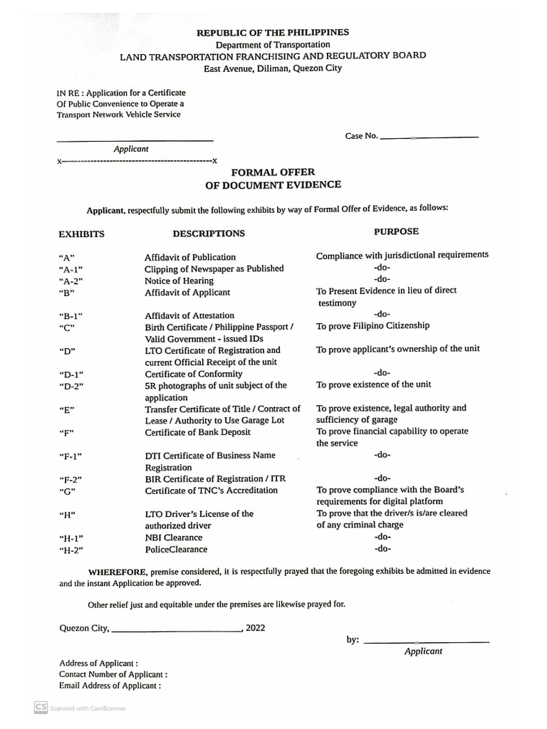 Formal Offer of Document Evidence For LTFRB | PDF