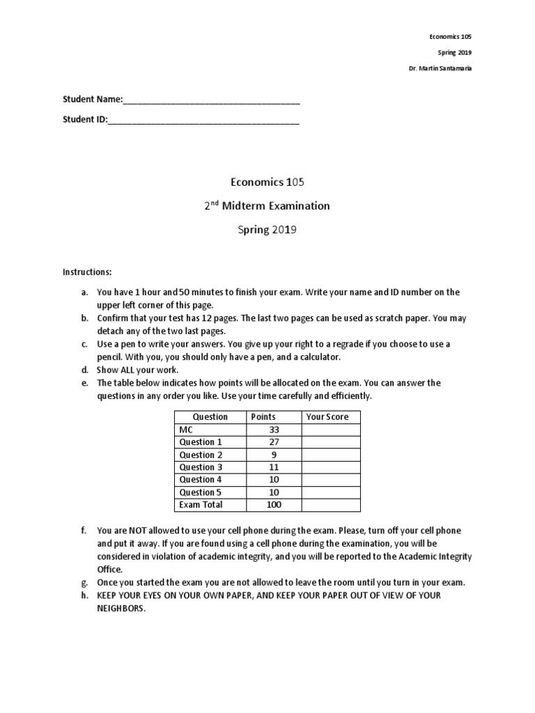 Economics 105 Midterm Exam Spring 2019 | PDF | Interest | Banks