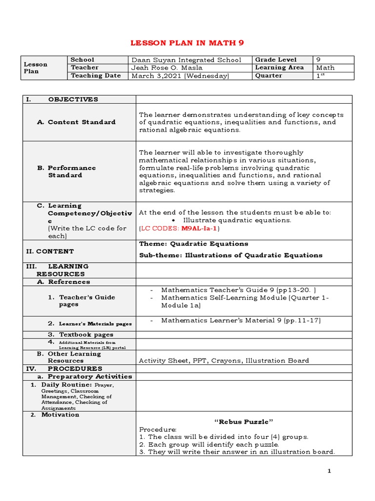 Cot 1 | PDF | Equations | Teachers