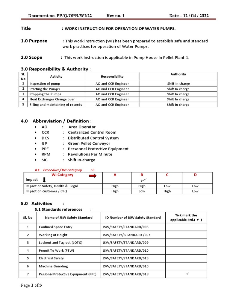 Water Pump Operation Work Instructions | PDF | Pump | Personal ...