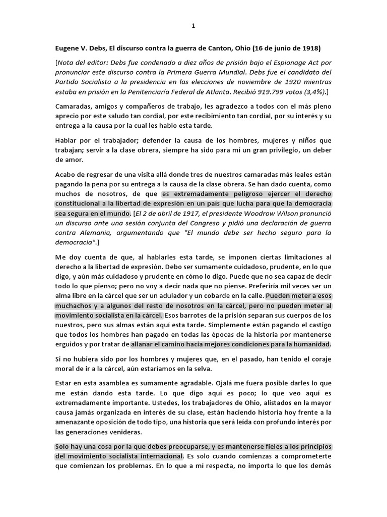 Eugene V. Debs, El Discurso Contra La Guerra de Canton, Ohio (16 de ... Eugene V. Debs, El Discurso Contra La Guerra de Canton, Ohio (16 de ...