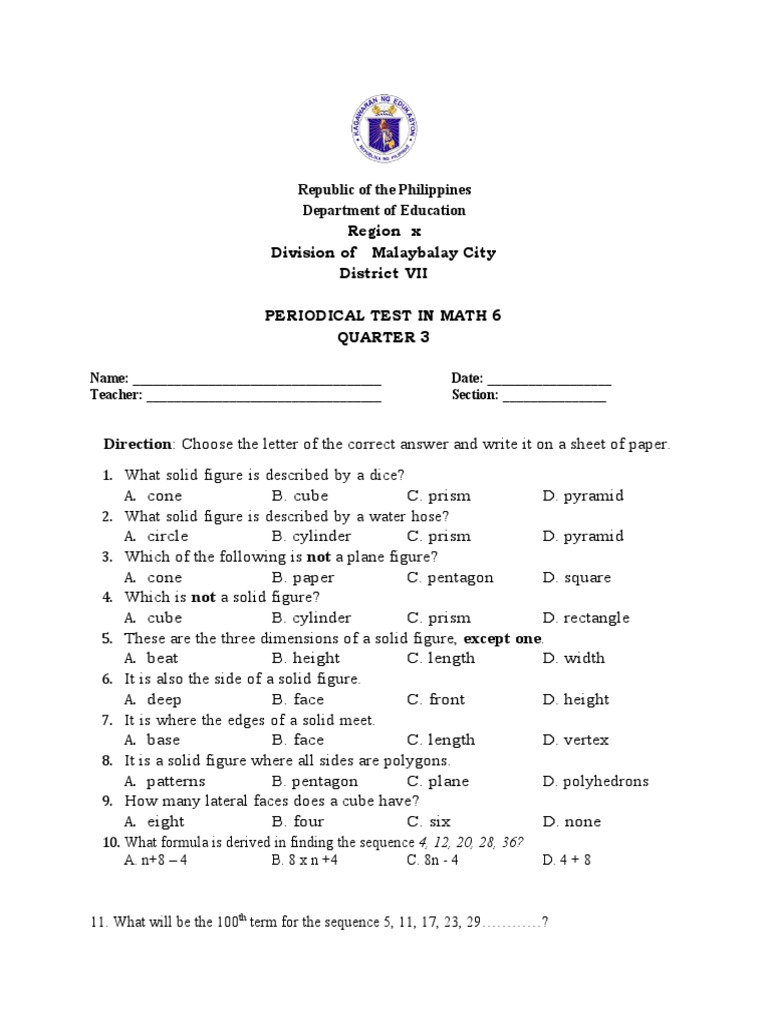 Math 6 | PDF | Area | Equations