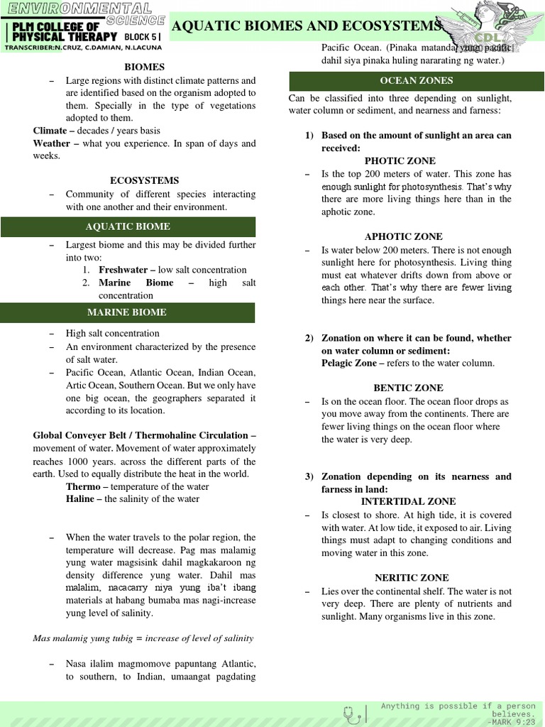 Envi Scie Lesson 3 Aquatic Biomes Ecosystem 1 | PDF | Oceans | Wetland