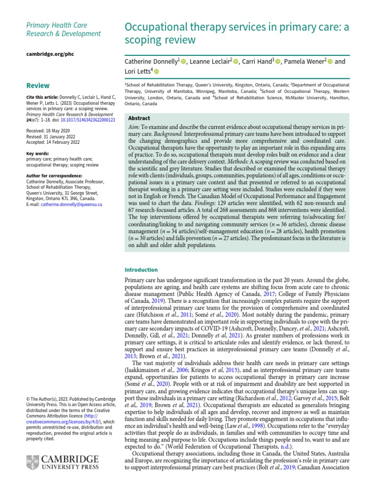 Occupational Therapy Services in Primary Care: A Scoping Review | PDF ...