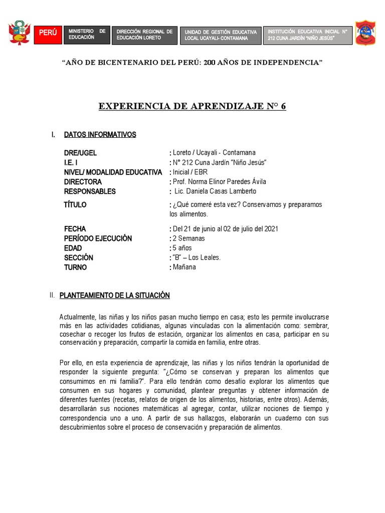 Experiencias de Aprendizaje 6 | PDF | Alimentos