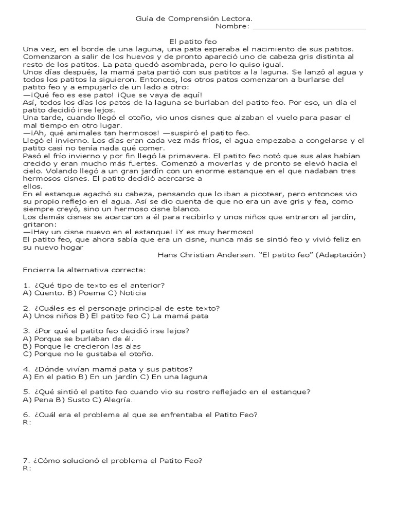 Guía de Comprensión Lectora Viernes 20 | PDF | El patito feo