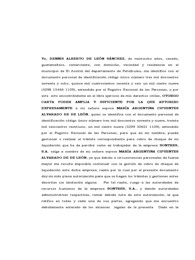 Carta Poder Cobrar Cheque de Liquidacion | PDF | Guatemala | Justicia