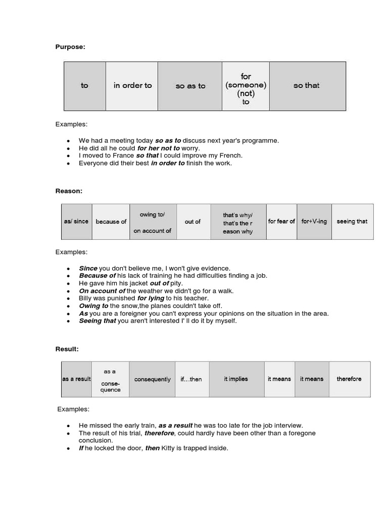Purpose, Reason, and Result Examples | PDF