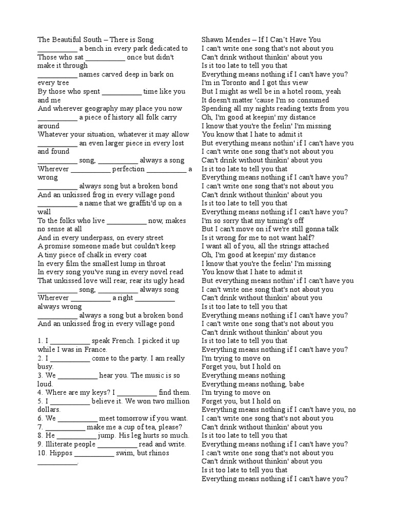 Song Lyrics: The Beautiful South & Shawn Mendes | PDF