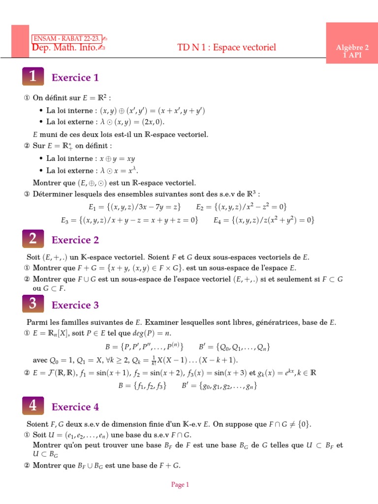 Espace vectoriel : Exercices et solutions | PDF | Espace vectoriel ...
