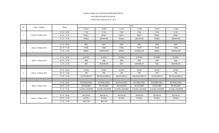 Jadwal Pts Genap | PDF | Sains & Matematika